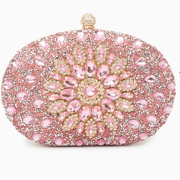 Ramla | Bags | Ramla Pink Rhinestone Luxury Gala Handle Chain Clutch ...